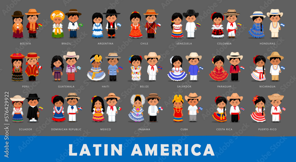 Big set of Latin Americans cartoon characters in national costume ...