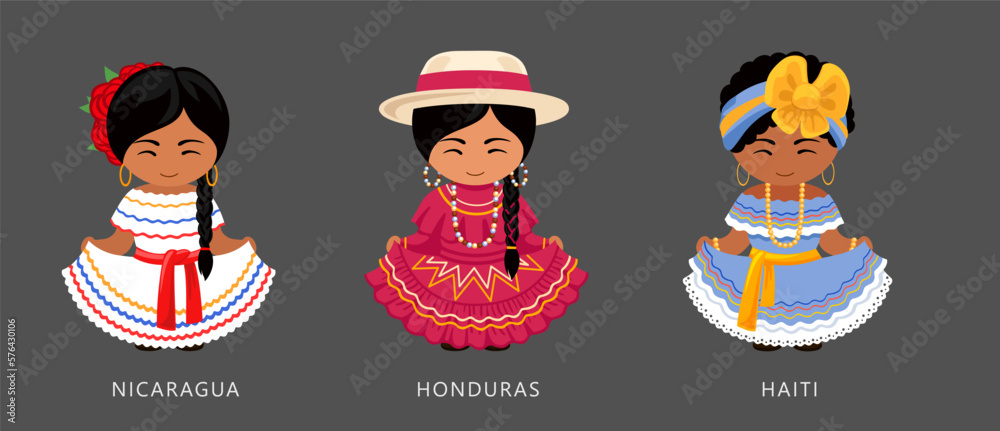Latin American women in national ethnic dress. Cartoon characters ...
