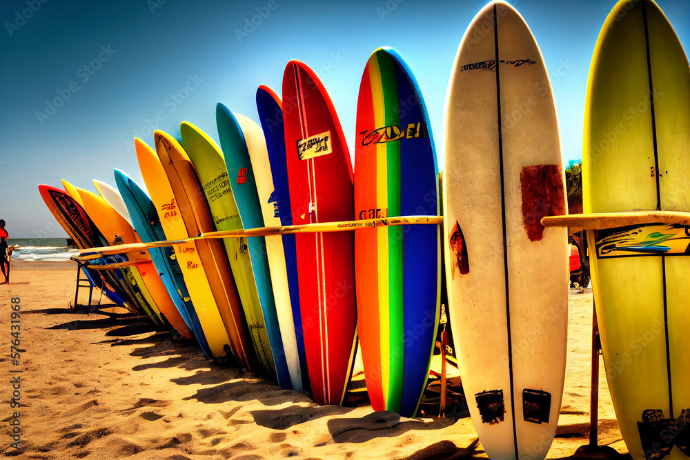 Surfboards lined up in the rack at famous beach. Generative ai. Surf ...