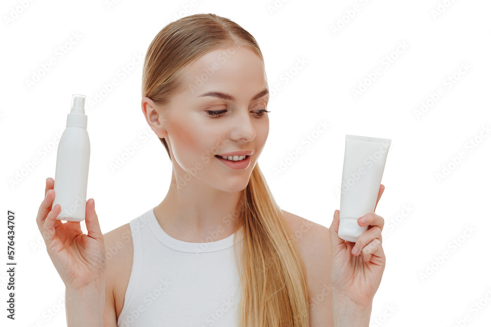 Beautiful blonde girl with a bottle of shampoos in hands. Girl with ...