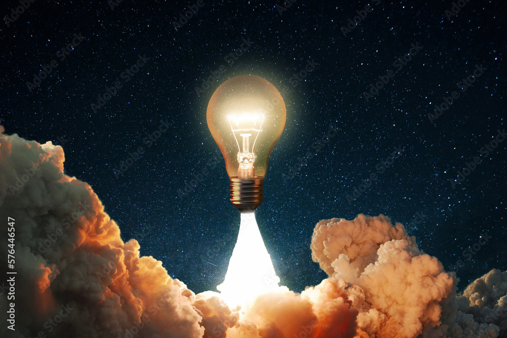 Creative rocket light bulb glows with smoke and blast successfully lift ...