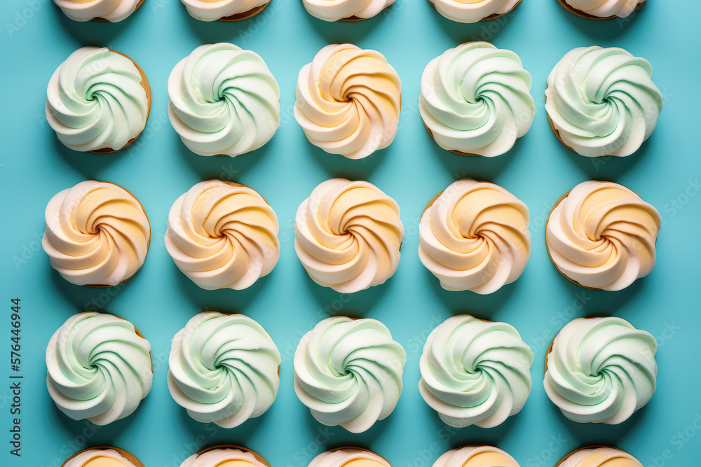 The pattern is repeating meringues in white color in row. Top view of delicate delicious creamy ...
