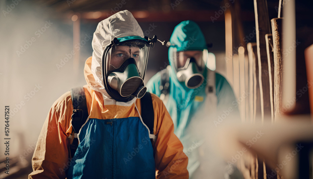 eople wearing personal protective equipment or PPE with spraying ...