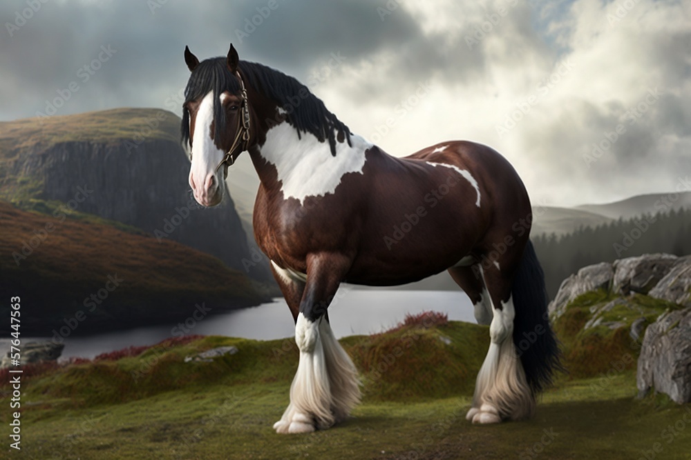 Clydesdale Horse on Cliffs in Scotland Photo Wallpaper Generative AI ...