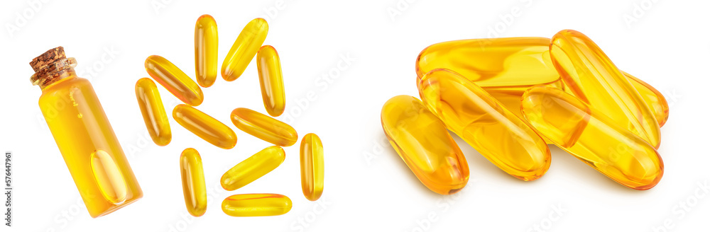 Fish oil capsules isolated on white background with full depth of field ...