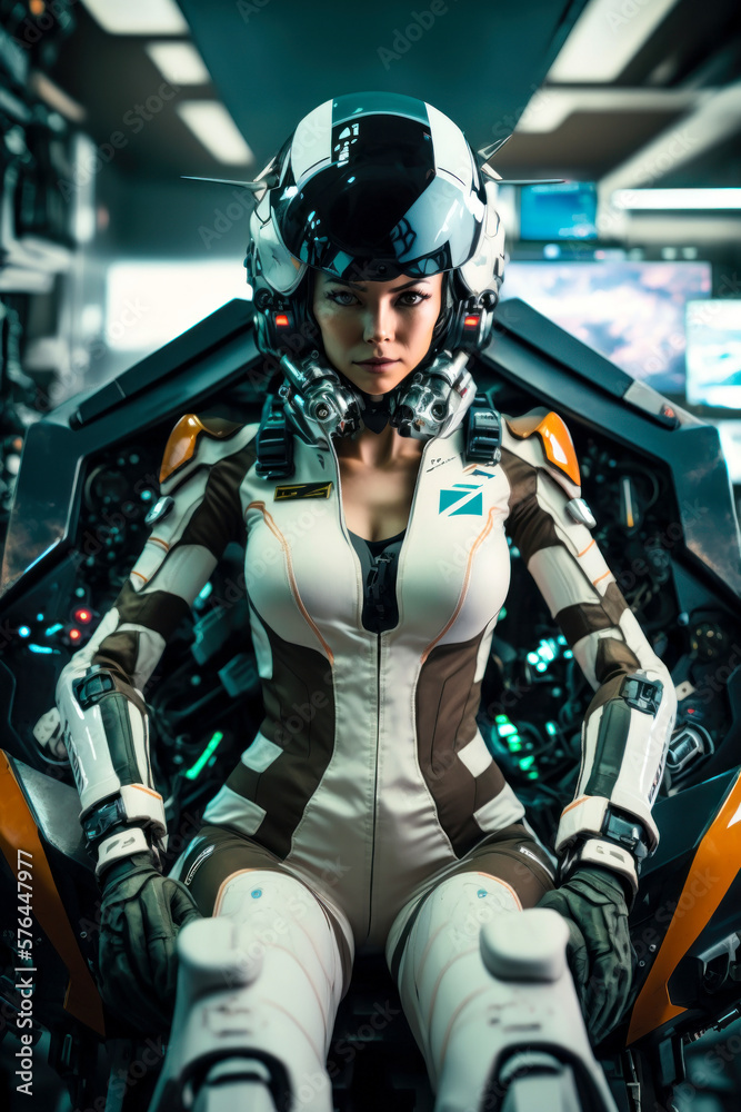 Frontal view of a female pilot sitting in the cockpit. A female pilot ...