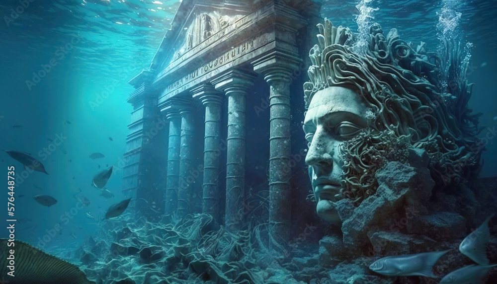 Ancient city ruins on seabed, old statue in sea underwater, generative ...
