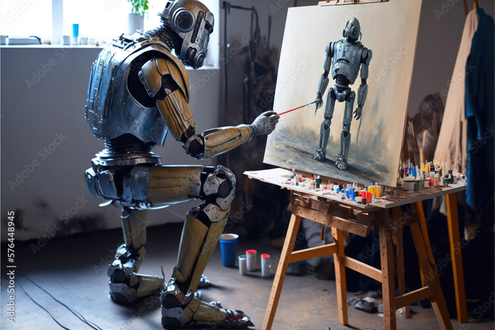 Robot paints picture at home, humanoid robot creating as artist ...