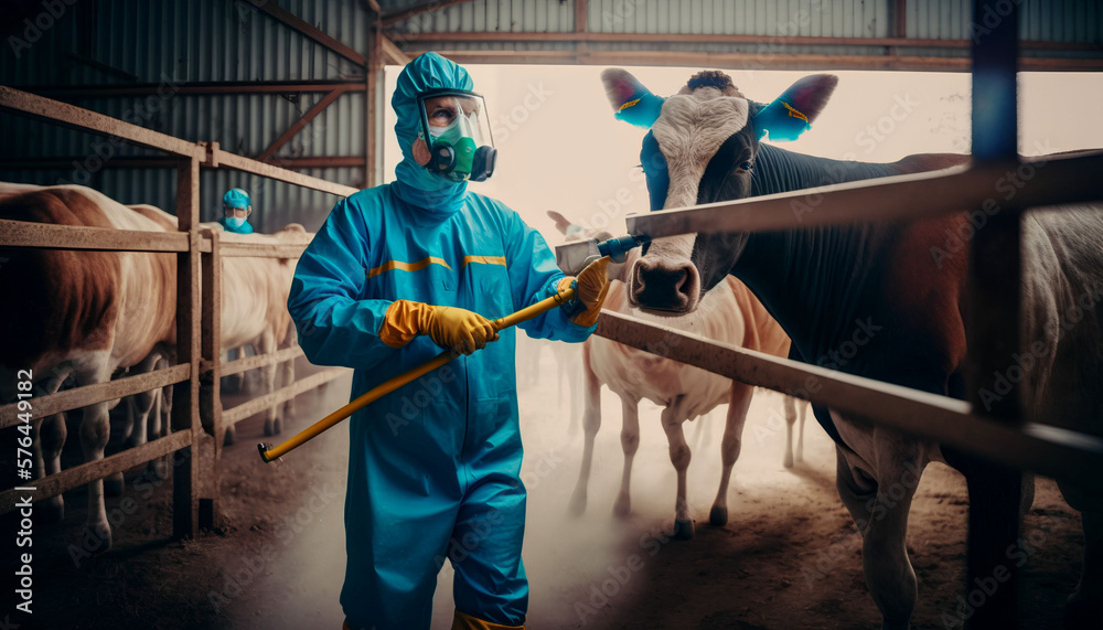 People wearing personal protective equipment or PPE with spraying ...
