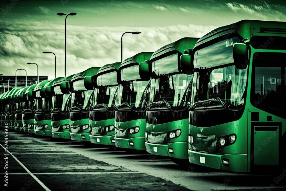 large green buses standing in rows at bus depot, created with ...