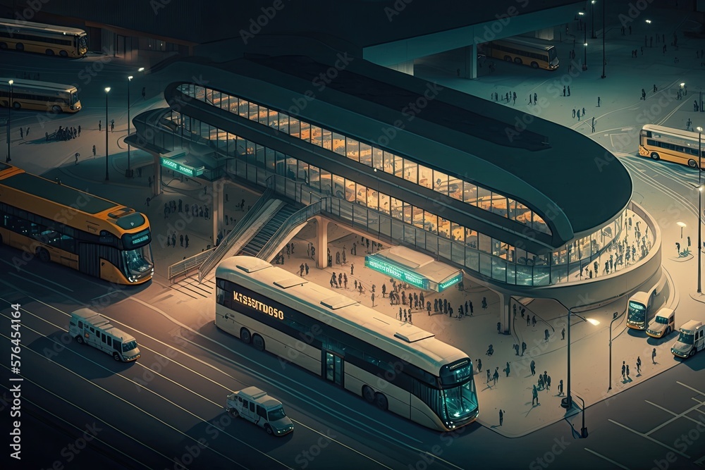 large illuminated bus station with escalator and rows of buses, created ...