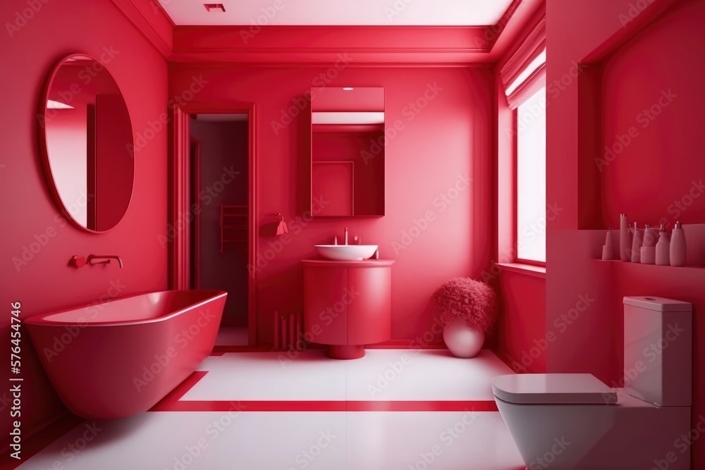 interior of a modern red bathroom at house. bright sun light from ...