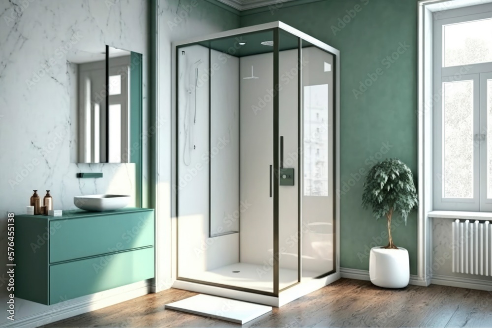 interior of a modern bathroom with shower cabin. bright sun light from ...