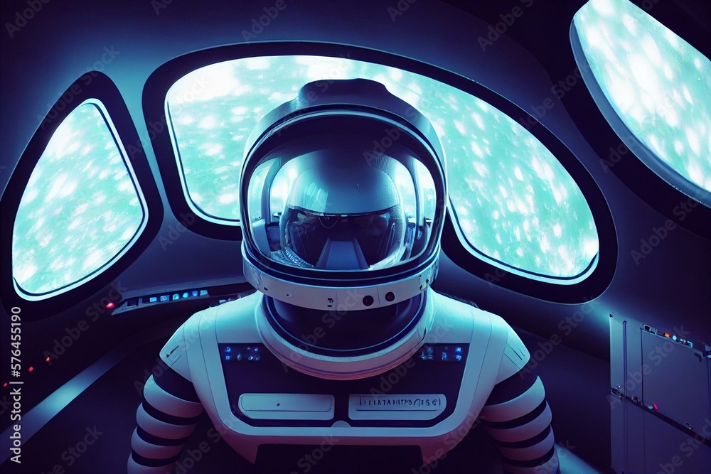 Futuristic spaceship cockpit interior with an astronaut inside. Future ...