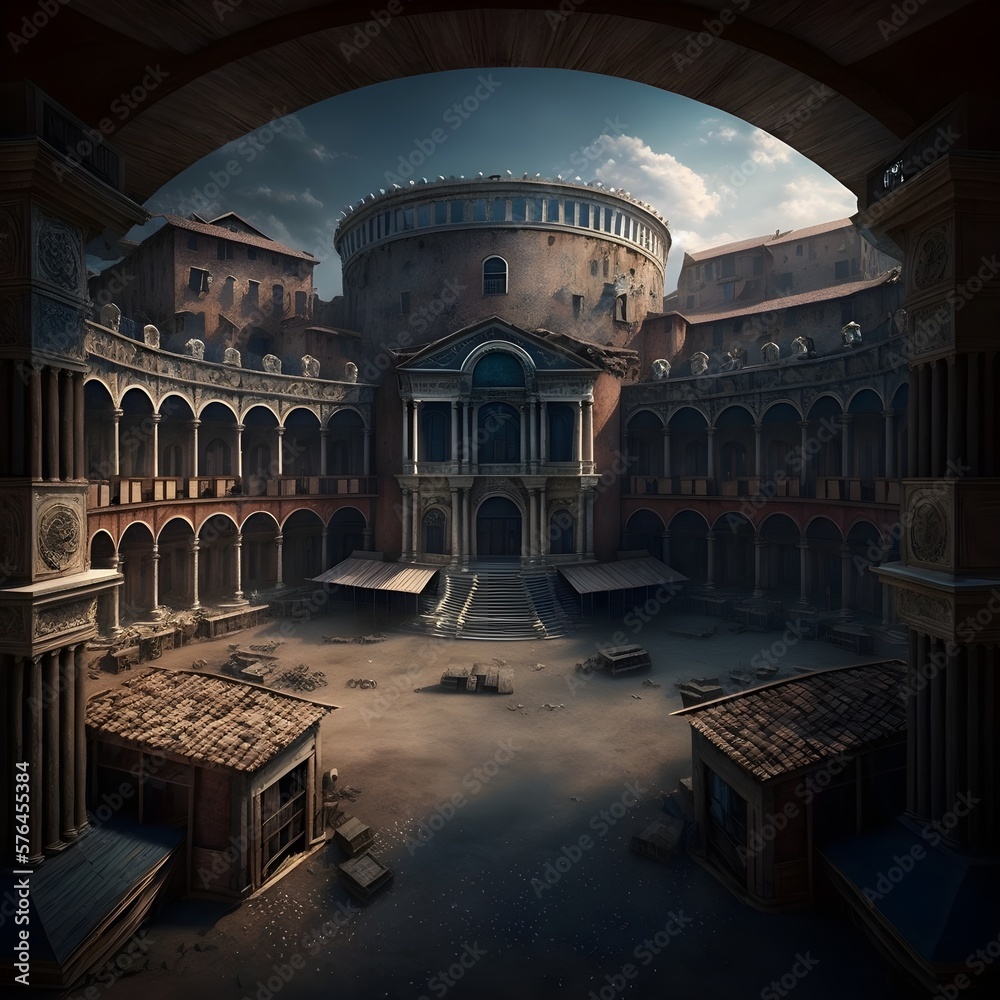 high definition photo medieval city with arena in the central square ...