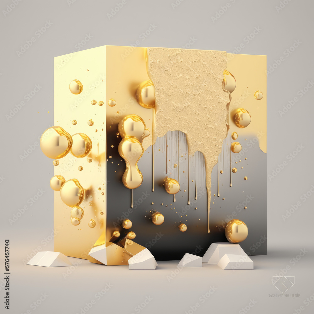 gold rain and quartz blocks background for cosmetic products, mock up ...