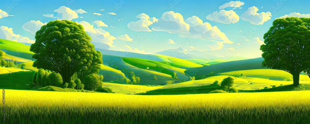Spring background. Green meadow, trees. Cartoon illustration of ...
