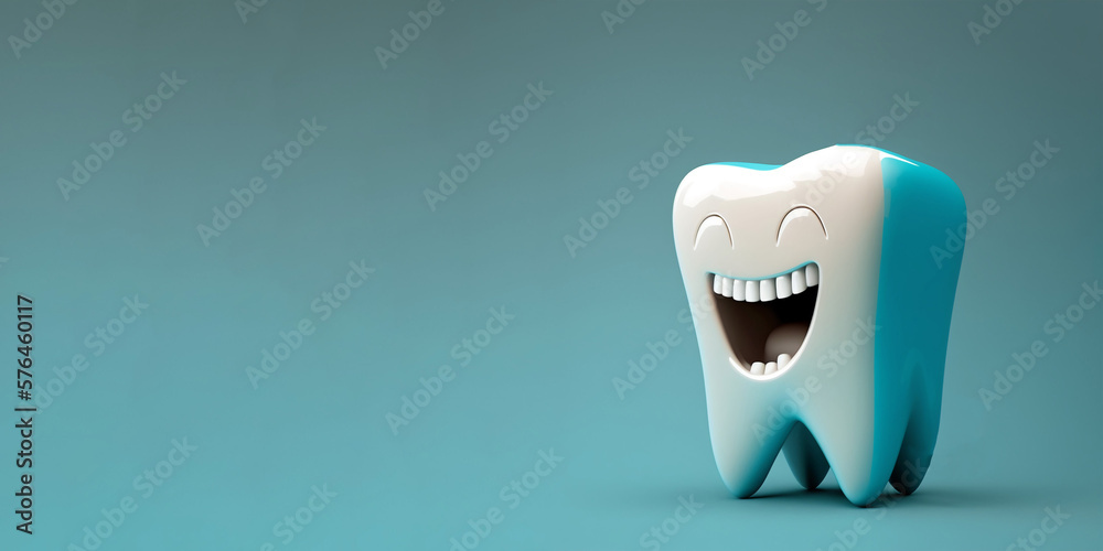 cartoon happy teeth isolated on blue clean background with copy space ...