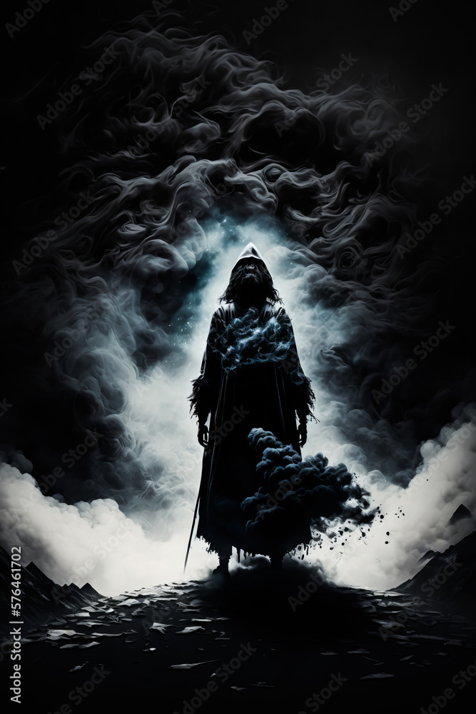 Dark and scary Person in a black outfit with hood stand in the white ...