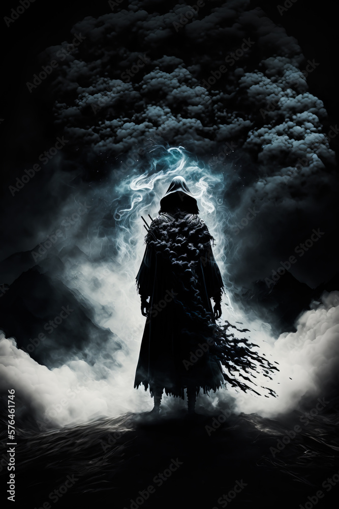 Dark and scary Person in a black outfit with hood stand in the white ...