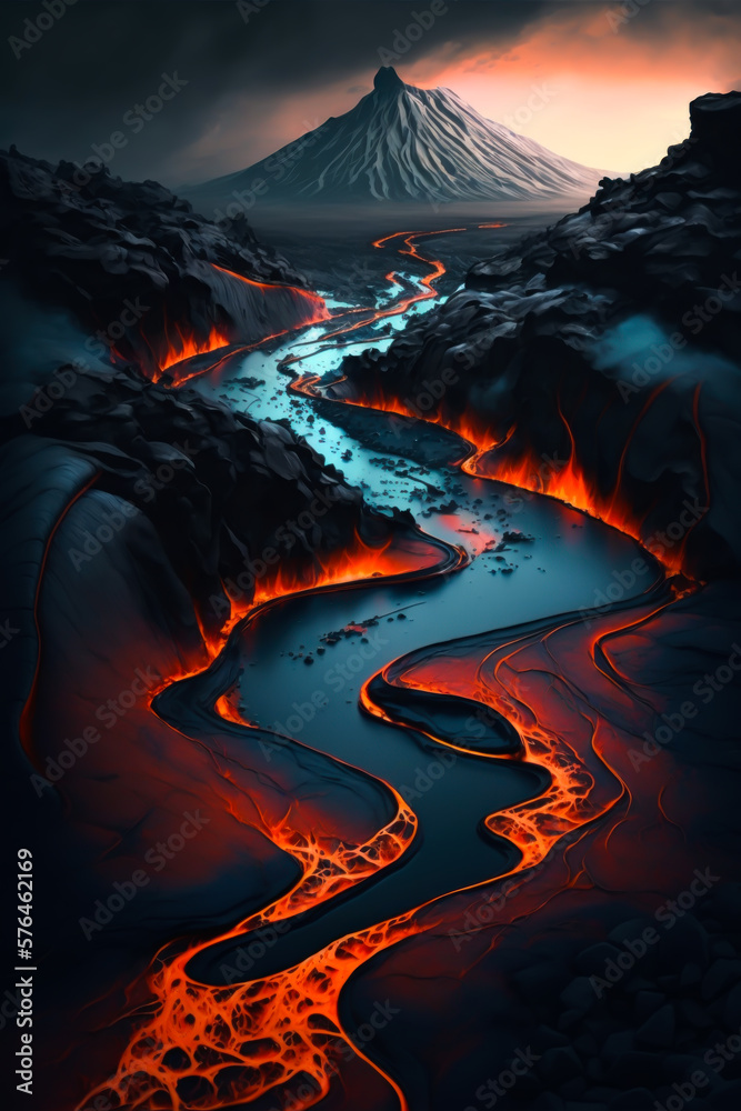 Rivers of lava flowing down a hill, Generative AI. Erupting volcano ...