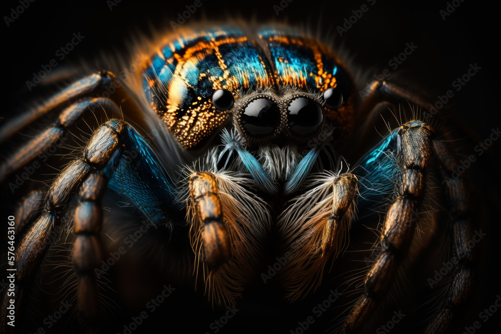 Small spider close up portrait on black background. Eyes of spider ...