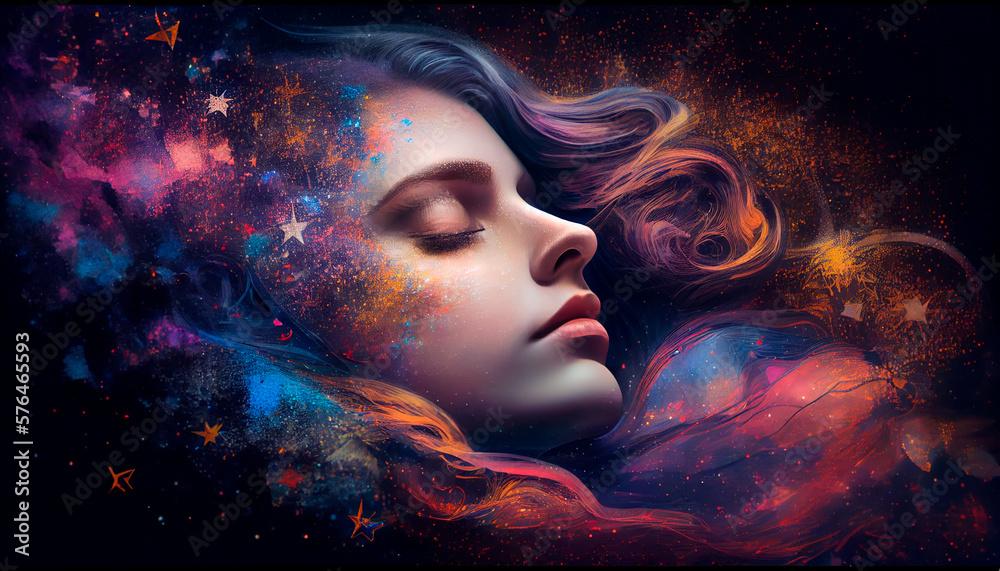 Abstract woman dream decorated by harmony and endless colors of star in ...