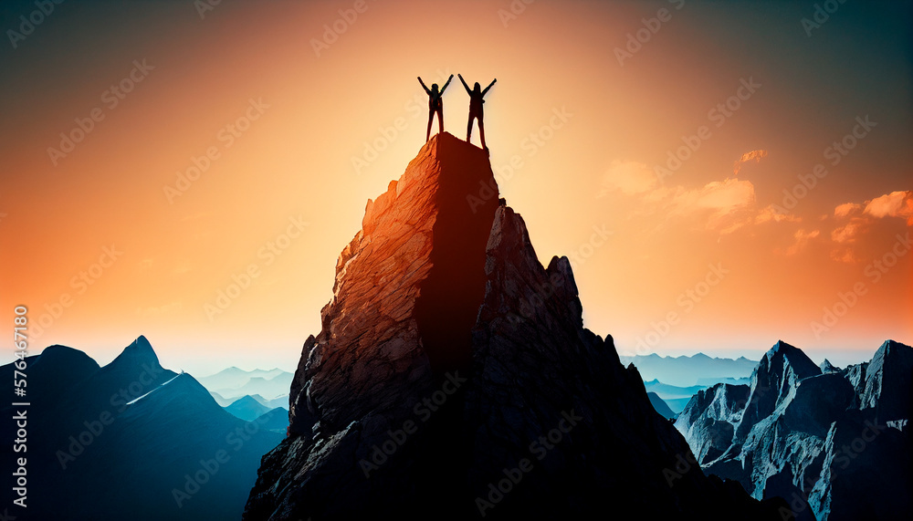 Two person on a top of mountain peak, visualization of team success ...