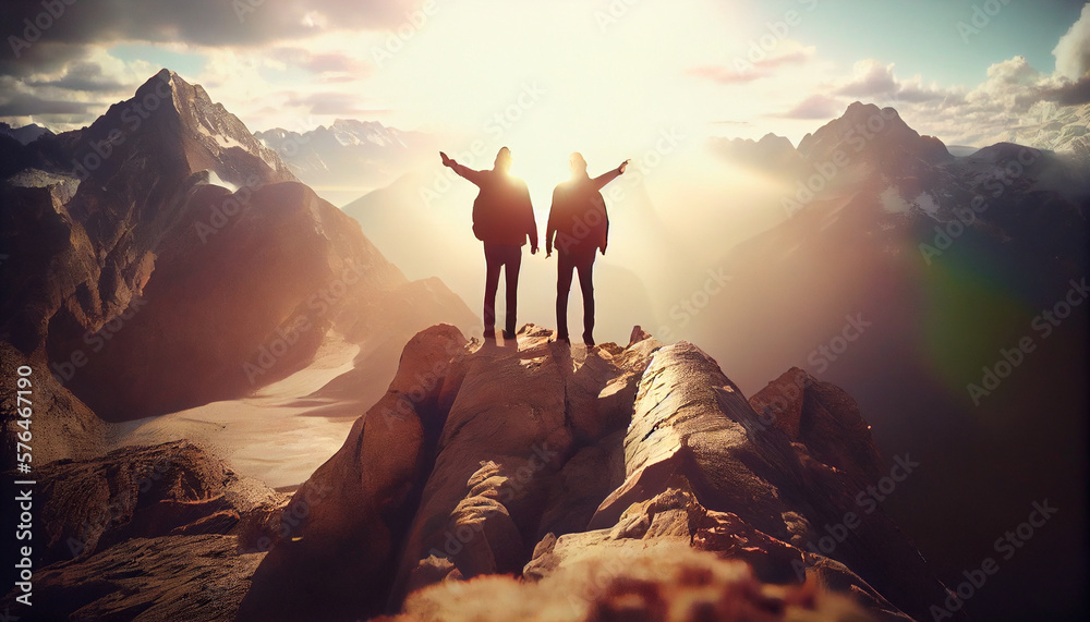 Two person on a top of mountain peak, visualization of team success ...