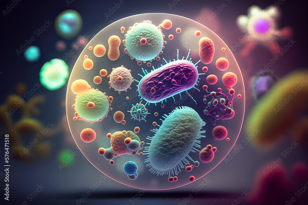 Macro shot of different types of microbes, probiotics, gram positive ...