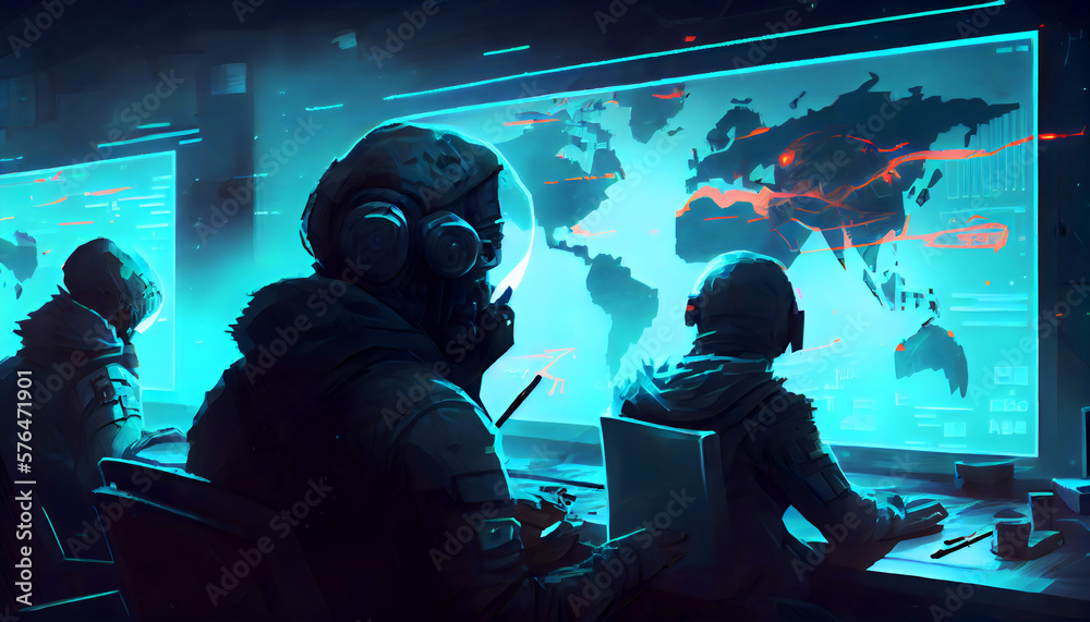 Soldiers in front of world map taking care of security during cyber war ...