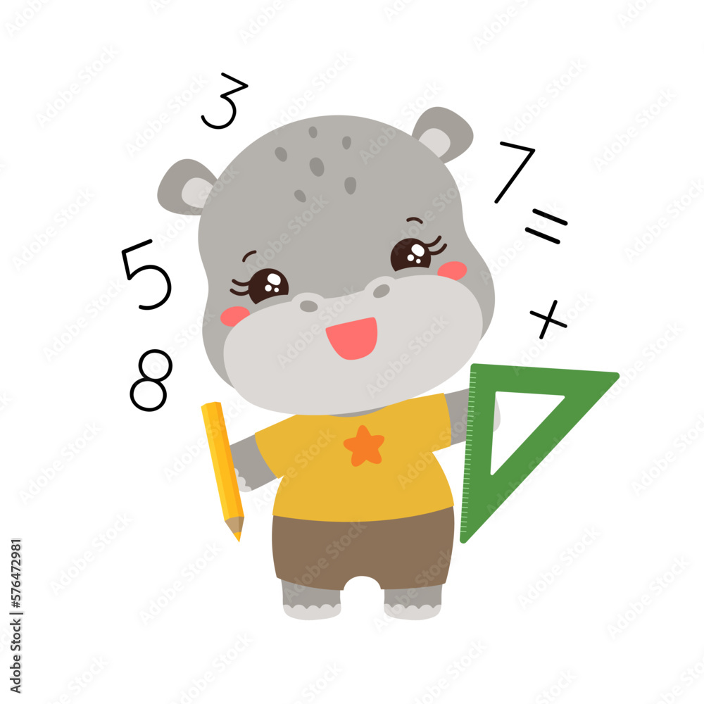 School student hippo holding a pencil and ruler. Maths learning. Cute ...