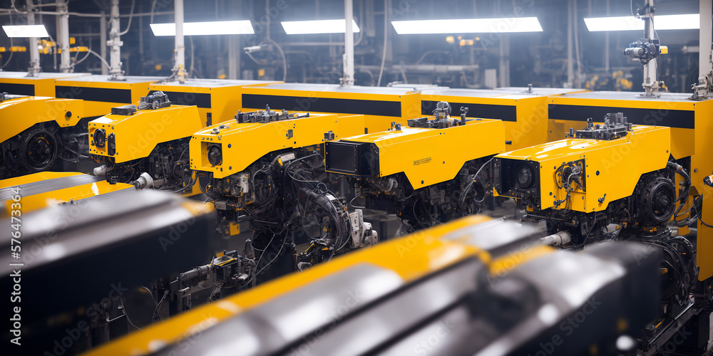 Double row of yellow industrial robots at conveyor line at a factory ...