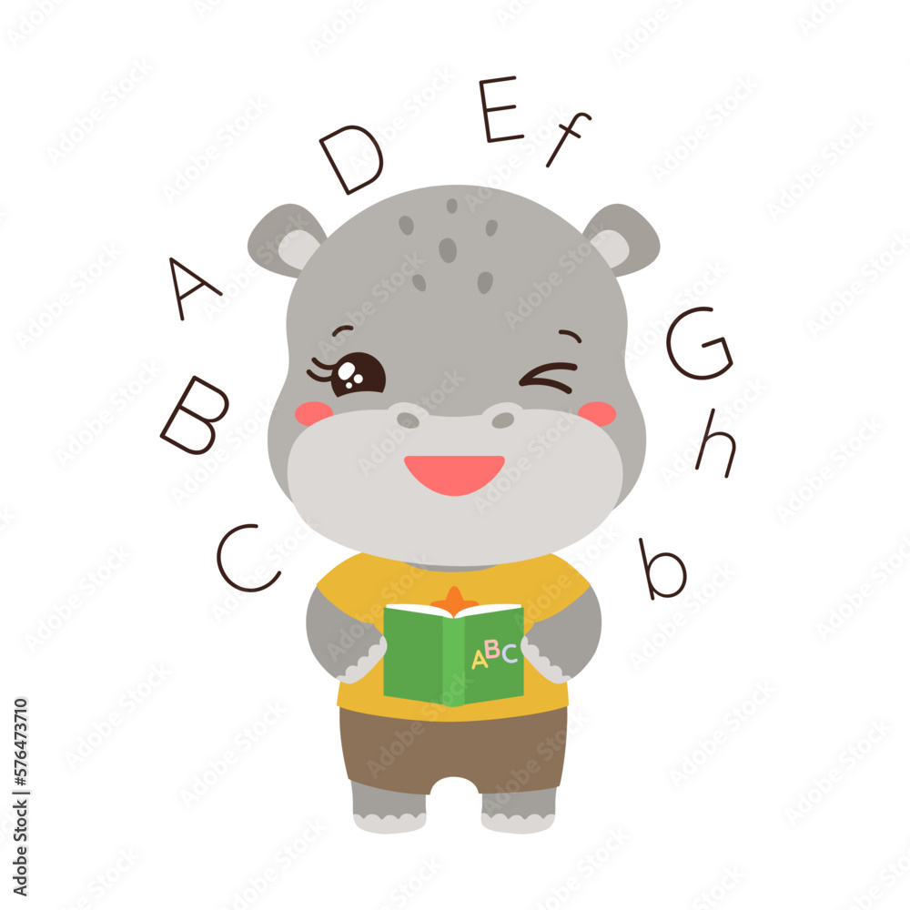 School student hippopotamus holding a textbook. Elementary pupil little ...