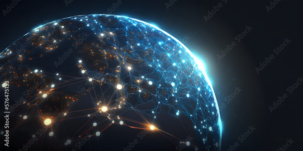 planet earth at night with communication internet network connection ...