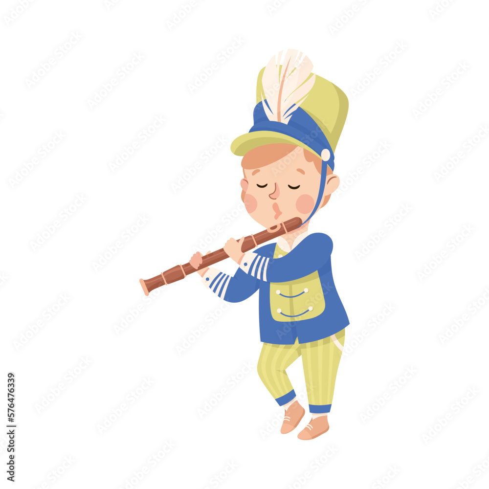 Vetor de Cute boy playing flute musical instrument in marching band ...
