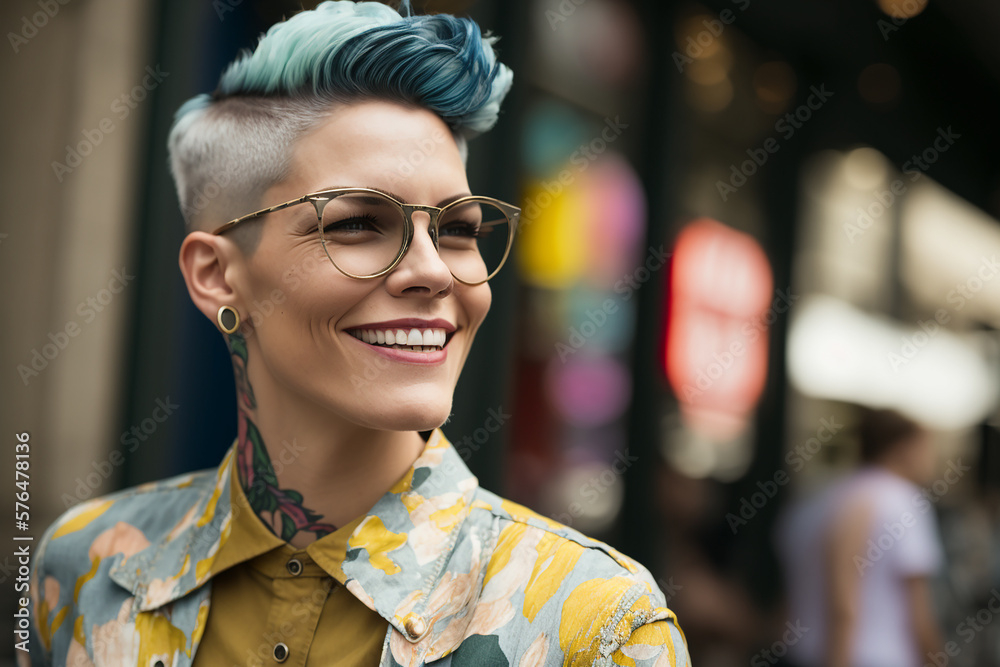 Portrait of a happy non-binary person with short hairstyle. Inclusivity ...