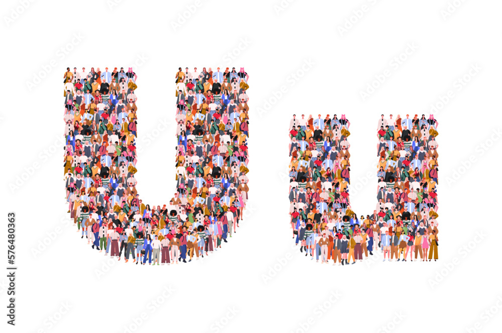 Large group of people in letter U form. People standing together. A ...