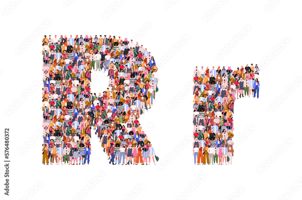 Large group of people in letter R form. People standing together. A ...