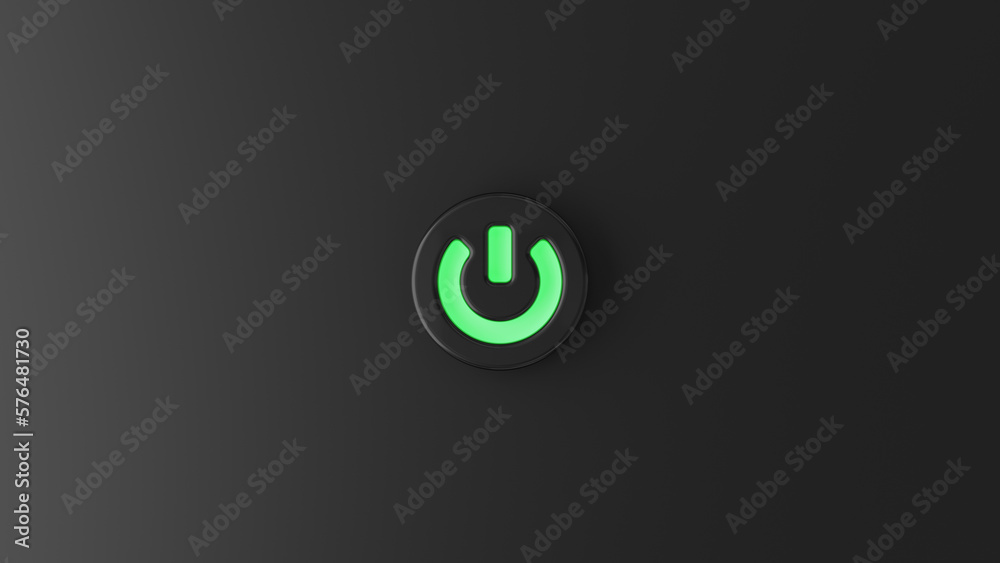 Black background with glowing green power button. 3D rendered image ...