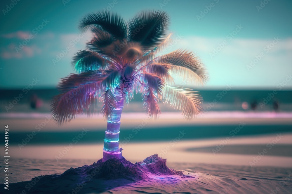 Coconut tree at the beach lo-fi retro 80s and 90s background. Psychic ...