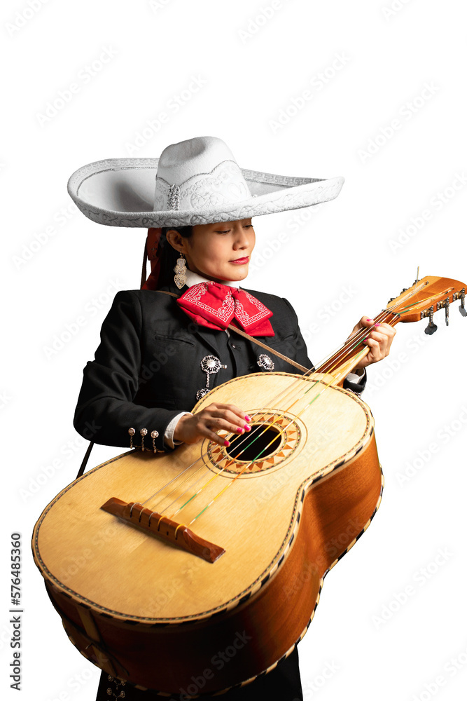 female mexican mariachi woman playing big guitar, mariachi girl suit on ...