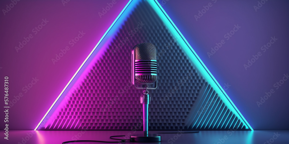 Abstract blue pink neon banner with retro microphone. 3d background or ...