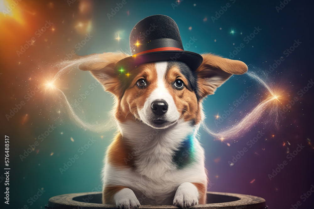 Cute dog as a magician on colored background, concept of Magic Trick ...