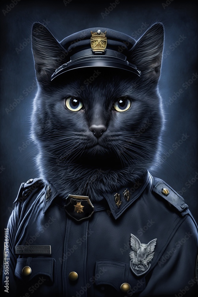 Black cop cat in police uniform with hat and badge. Isolated on pure ...