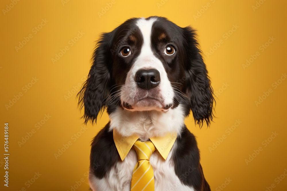 Cute dog as a human resources manager on yellow background, concept of ...