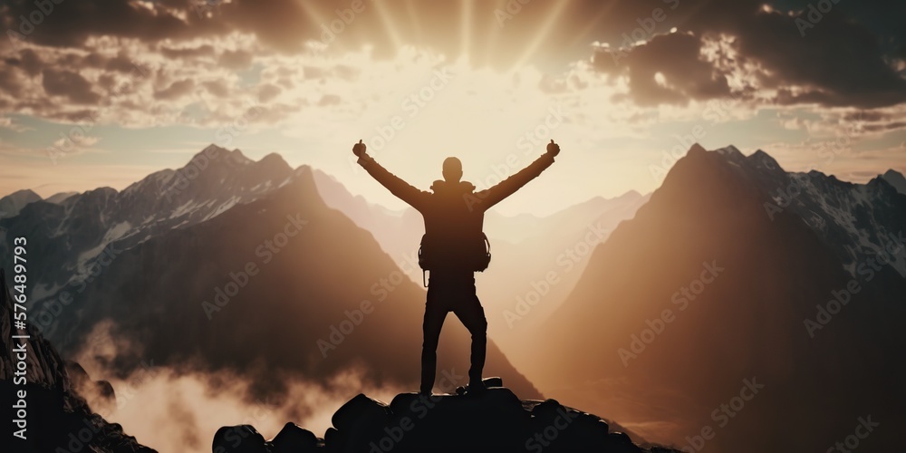 Person standing on mountaintop with arms raised in victory, concept of ...