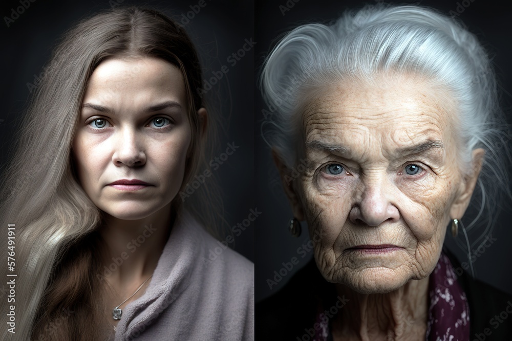 Process of aging portrait. Same woman then and now. Generative AI ...
