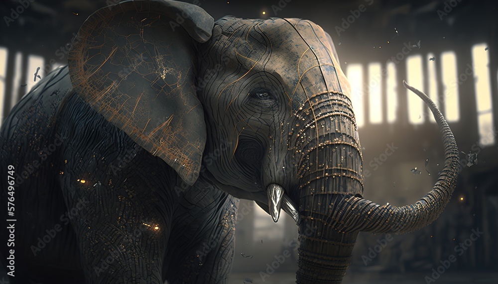 futuristic elephant illustration with glowing golden particles created ...
