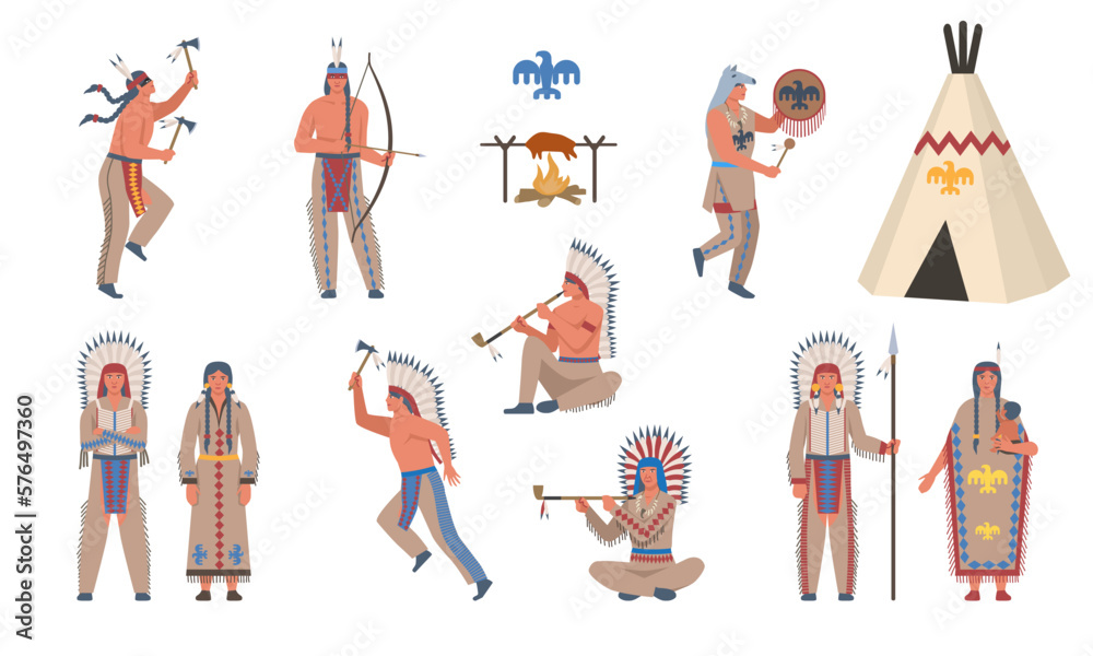 Native American characters set. Indian men and women in traditional ...